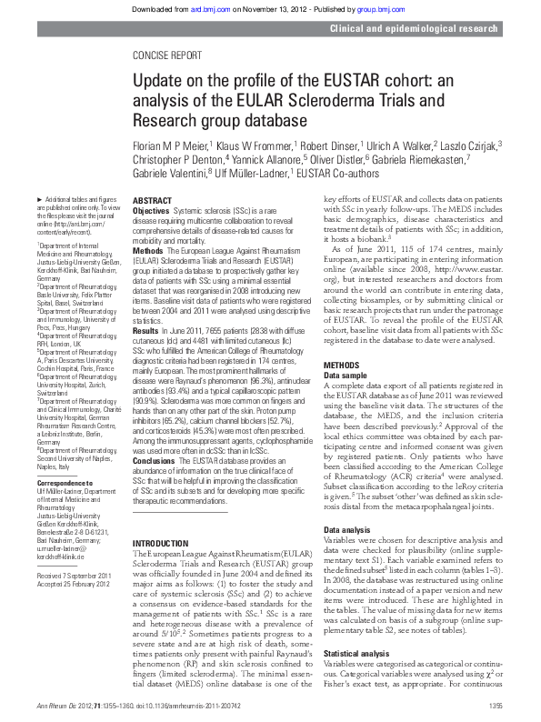 Pdf Update On The Profile Of The Eustar Cohort An Analysis Of The Eular Scleroderma Trials