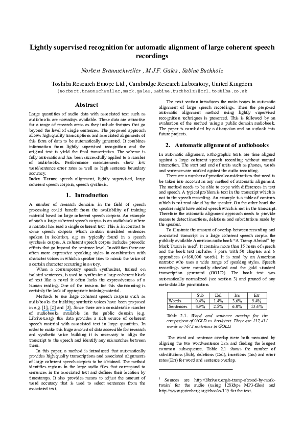 (PDF) Lightly supervised recognition for automatic alignment of large coherent speech recordings