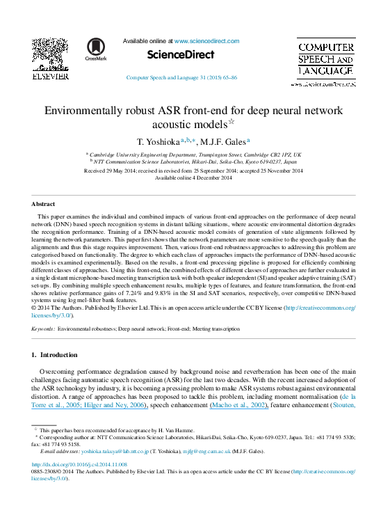 (PDF) Environmentally robust ASR front-end for deep neural network acoustic models | Takuya ...