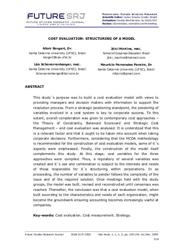 (PDF) COST EVALUATION: STRUCTURING OF A MODEL