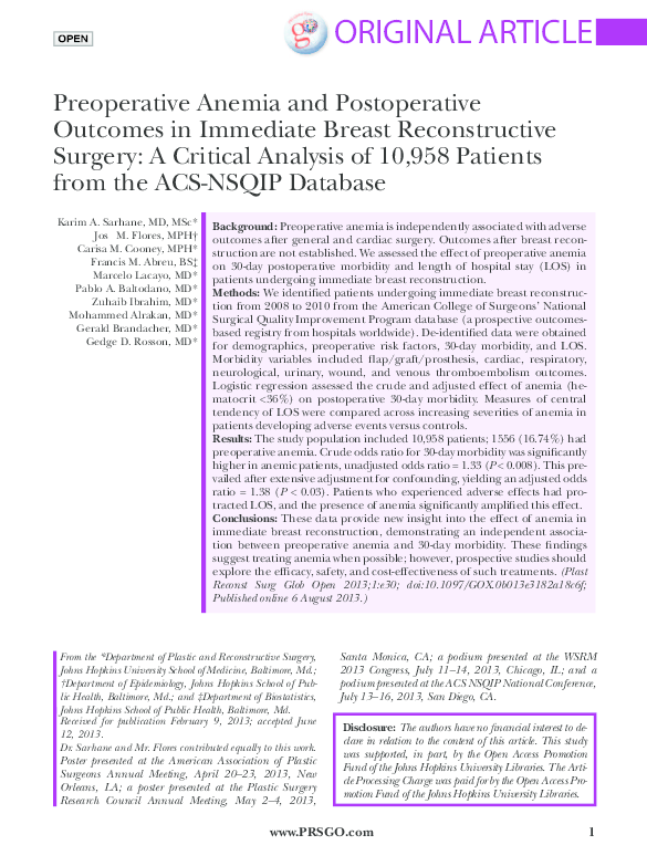 (PDF) Preoperative Anemia and Postoperative Outcomes in Immediate ...
