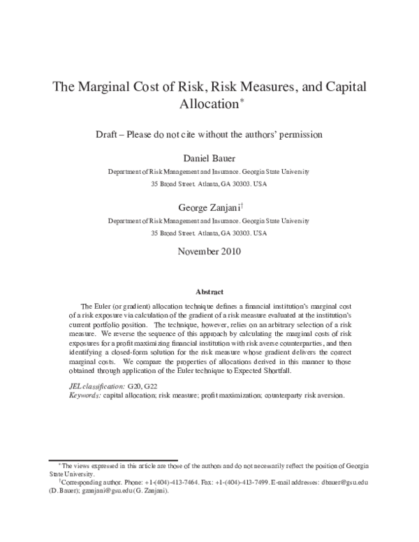 (PDF) The Marginal Cost of Risk, Risk Measures, and Capital Allocation