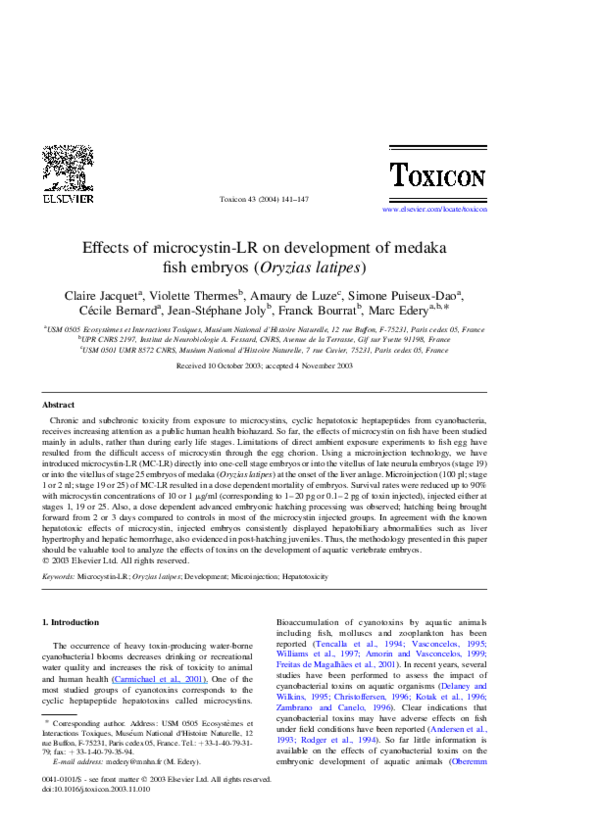 (PDF) Effects of microcystin-LR on development of medaka fish embryos ...