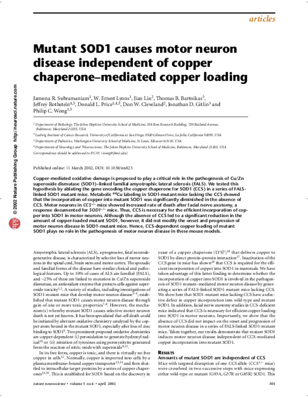 (PDF) Mutant SOD1 causes motor neuron disease independent of copper ...