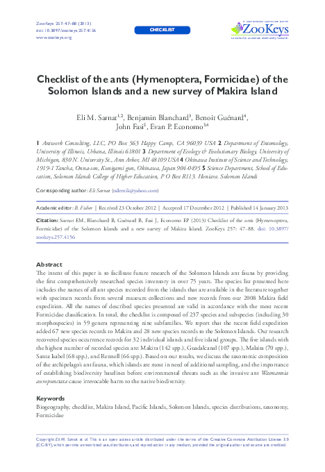 (PDF) Checklist of the ants (Hymenoptera, Formicidae) of the Solomon Islands and a new survey of ...
