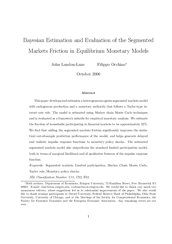 (PDF) Bayesian estimation and evaluation of the segmented markets friction in equilibrium ...