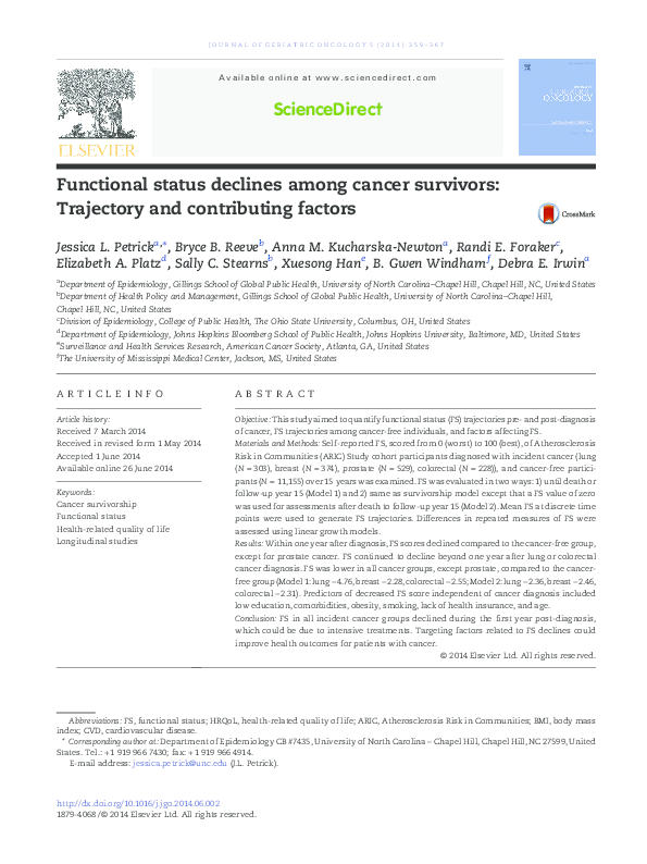 (PDF) Functional status declines among cancer survivors: Trajectory and ...