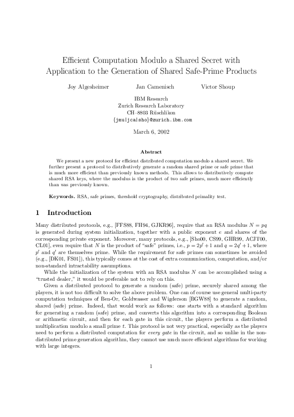 Pdf Efficient Computation Modulo A Shared Secret With Application To The Generation Of Shared 7494