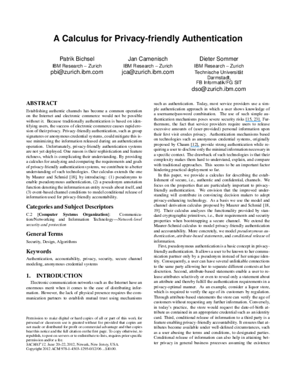 (PDF) A calculus for privacy-friendly authentication
