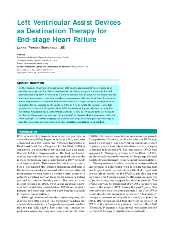 (PDF) Left ventricular assist devices as destination therapy for end ...