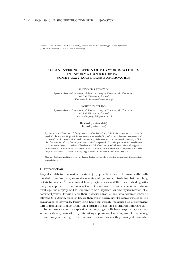 Pdf On An Interpretation Of Keywords Weights In Information Retrieval Some Fuzzy Logic Based