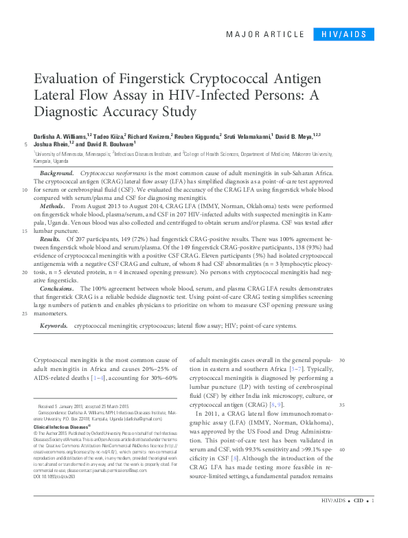 (PDF) Evaluation of Fingerstick Cryptococcal Antigen Lateral Flow Assay ...