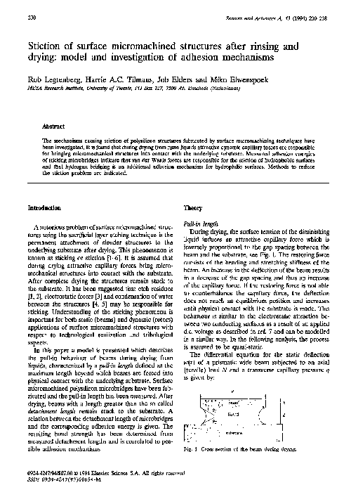 (PDF) Stiction of surface micromachined structures after rinsing and drying: model and ...