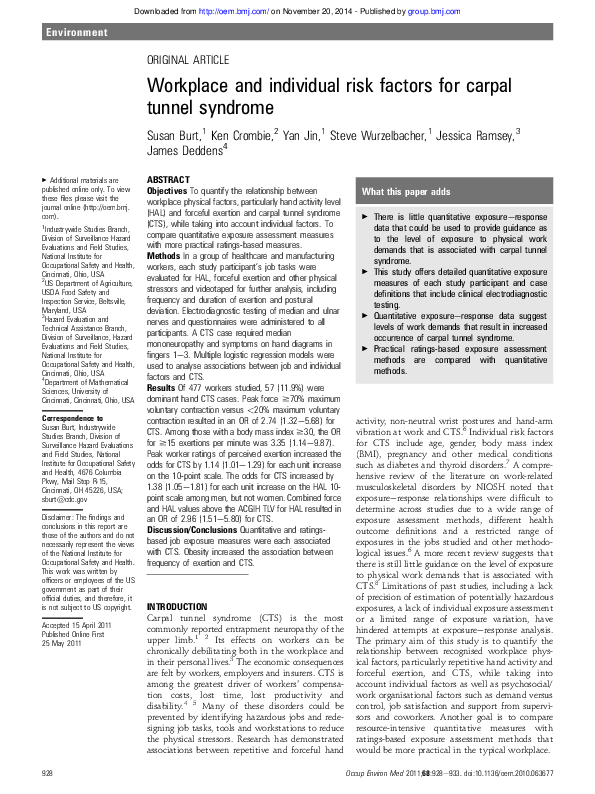 (PDF) Workplace and individual risk factors for carpal tunnel syndrome