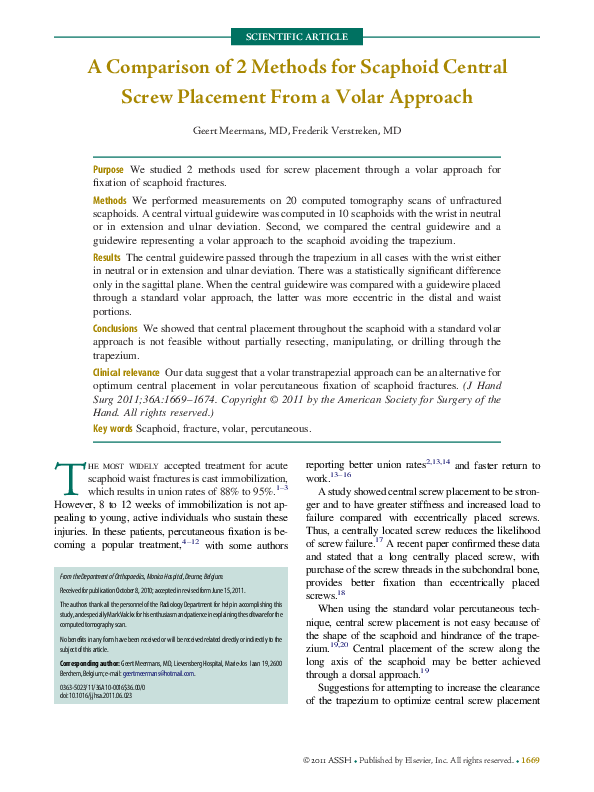 A Comparison of 2 Methods for Scaphoid Central Screw Placement From a ...