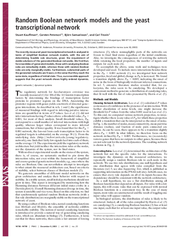 Pdf Random Boolean Network Models And The Yeast Transcriptional Network