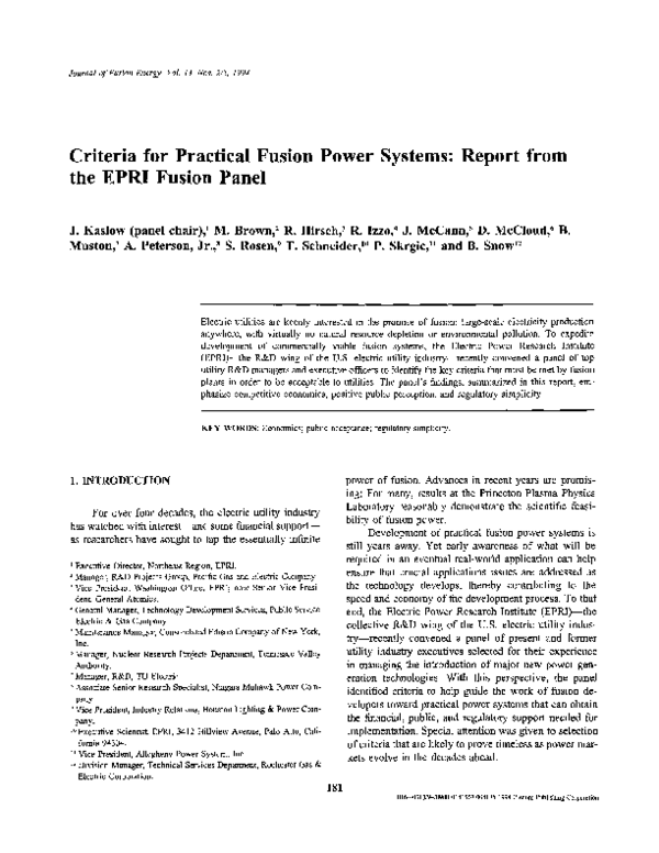 (PDF) Criteria for practical fusion power systems: Report from the EPRI ...