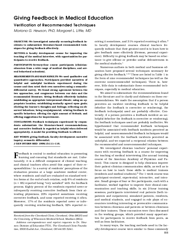 (PDF) Giving feedback in medical education: verification of recommended ...