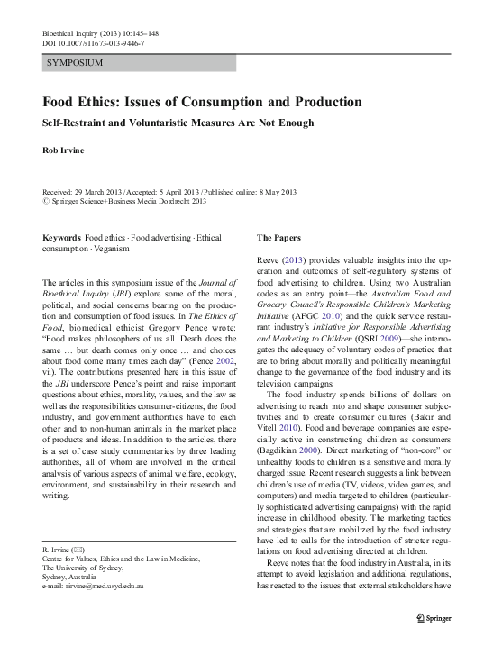 (PDF) Food Ethics: Issues of Consumption and Production