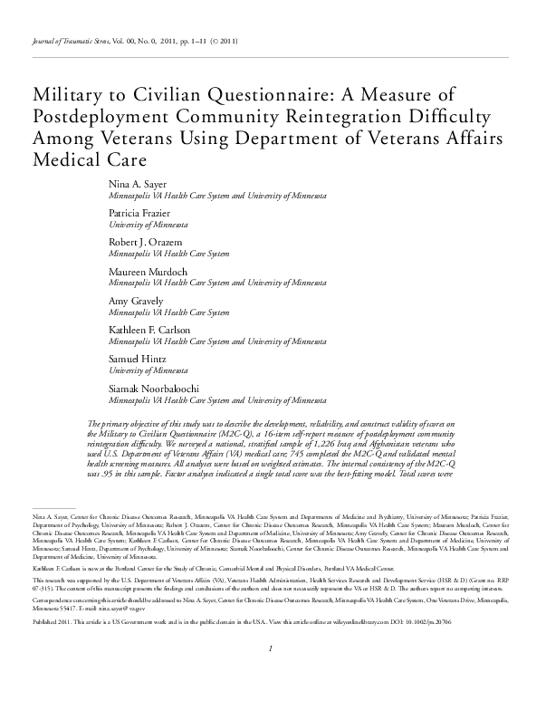 (PDF) Military to civilian questionnaire: A measure of postdeployment ...
