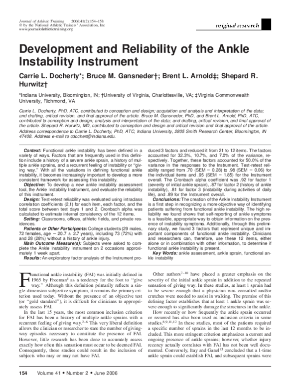 (PDF) Development and reliability of the ankle instability instrument