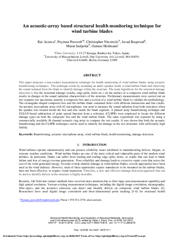 Pdf An Acoustic Array Based Structural Health Monitoring Technique For Wind Turbine Blades