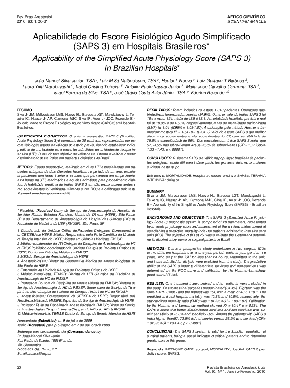(PDF) Applicability of the Simplified Acute Physiology Score (SAPS 3 ...
