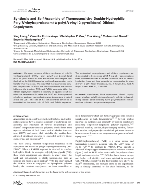 (PDF) Synthesis and self-assembly of thermosensitive double-hydrophilic ...