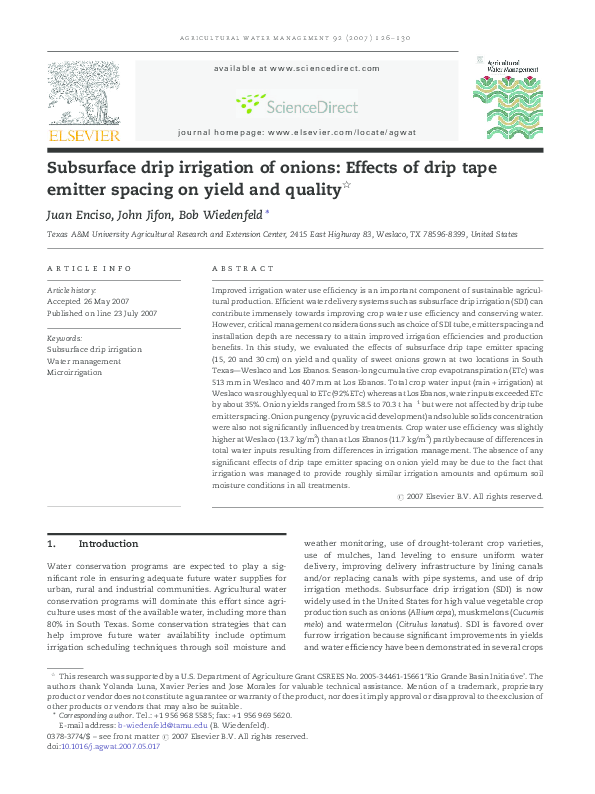(PDF) Subsurface drip irrigation of onions: Effects of drip tape ...