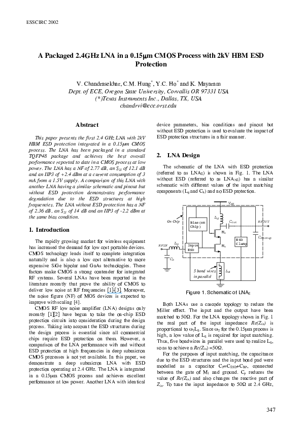 (PDF) A packaged 2.4 GHz LNA in a 0.15µm CMOS process with 2kV HBM ESD ...