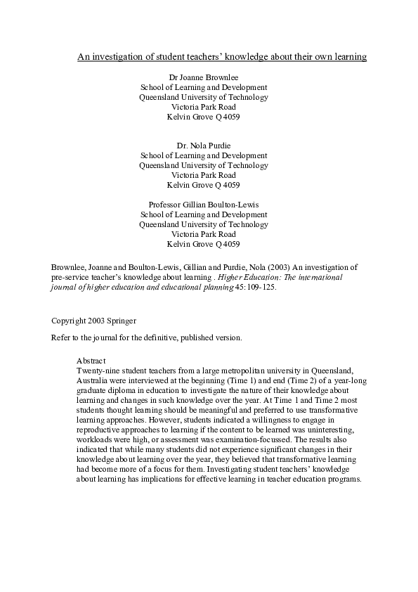 (PDF) An investigation of student teachers' knowledge about their own ...