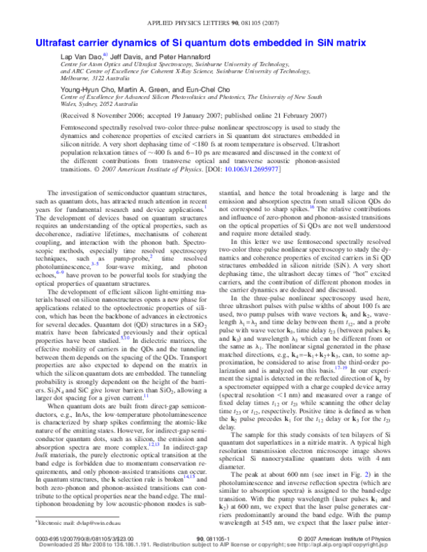 (PDF) Ultrafast carrier dynamics of Si quantum dots embedded in SiN matrix