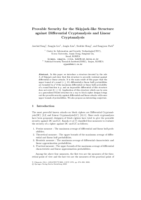 (PDF) Provable Security for the Skipjack-like Structure against Differential Cryptanalysis and ...