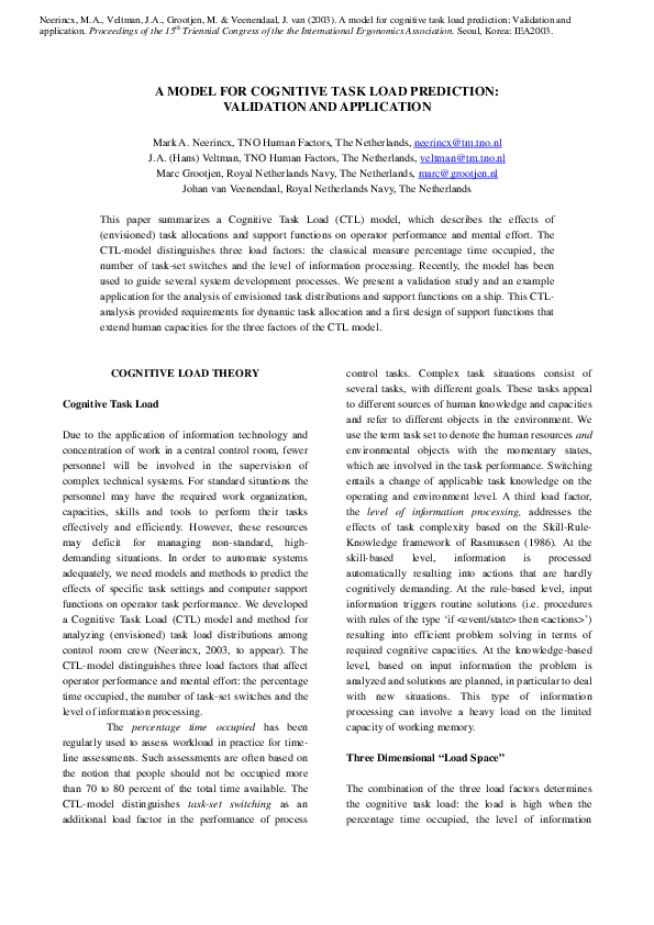 (PDF) A MODEL FOR COGNITIVE TASK LOAD PREDICTION: VALIDATION AND APPLICATION | Mark Neerincx ...