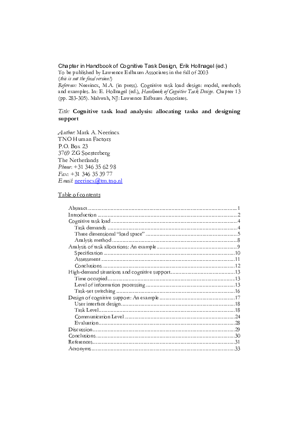Pdf Cognitive Task Load Analysis Allocating Tasks And Designing Support