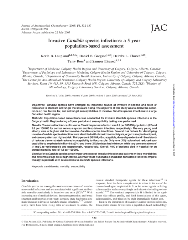 (PDF) Invasive Candida species infections: a 5 year population-based assessment