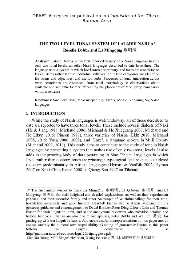 (DOC) The Two Level Tonal System of Lataddi Narua