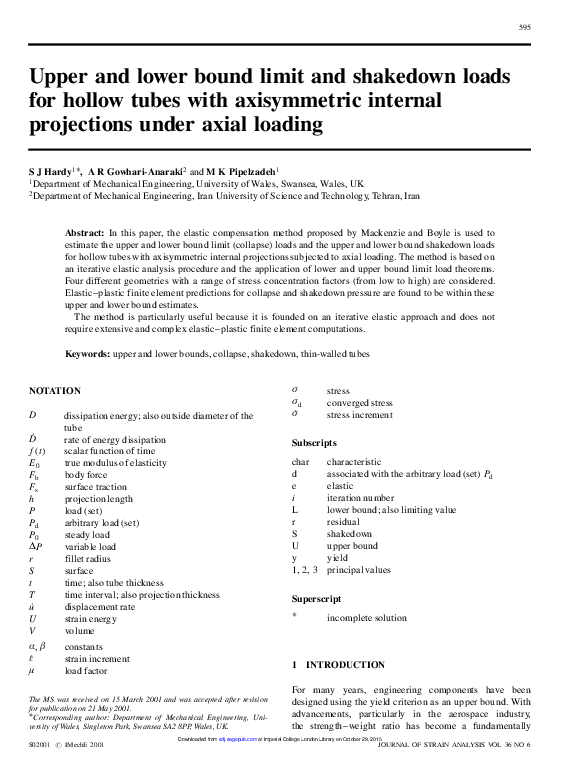 (PDF) Upper and lower bound limit and shakedown loads for hollow tubes with axisymmetric ...