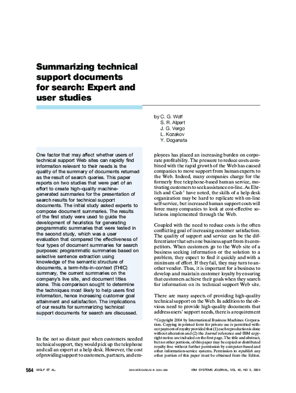 (PDF) Summarizing technical support documents for search: Expert and ...