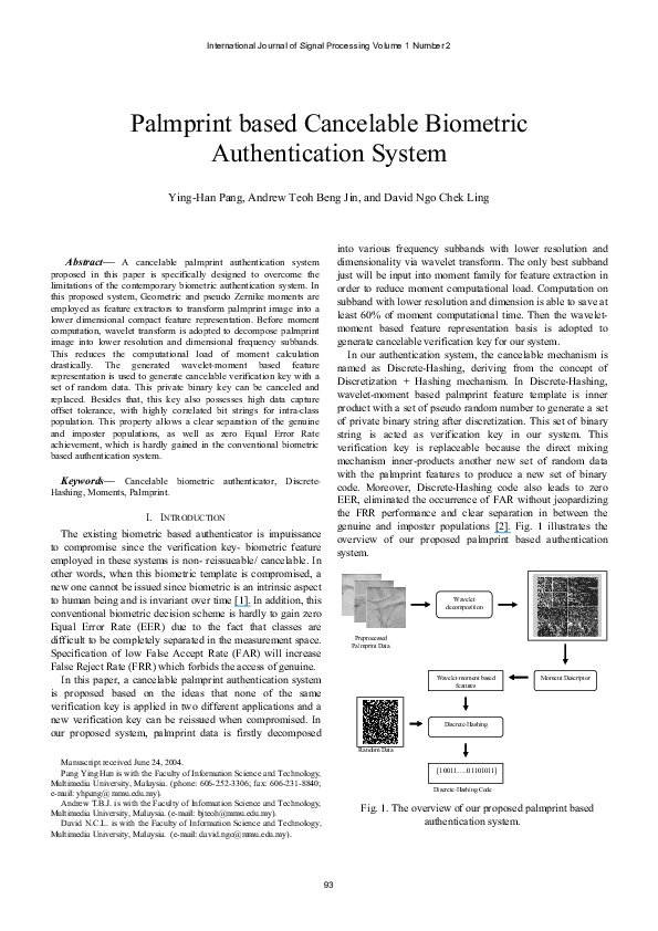 (PDF) Palmprint based Cancelable Biometric Authentication System | David Ngo - Academia.edu