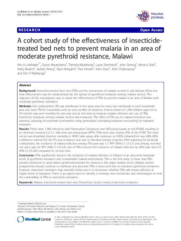 (PDF) A cohort study of the effectiveness of insecticide-treated bed nets to prevent malaria in ...
