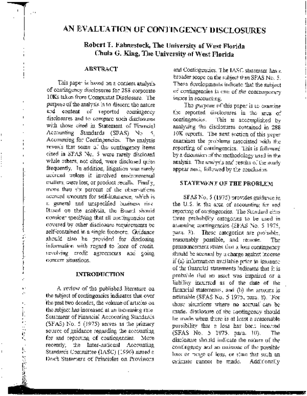 (PDF) An Evaluation of Contingency Disclosures | Robert Fahnestock ...