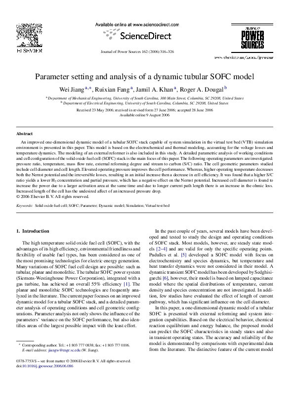 Pdf Parameter Setting And Analysis Of A Dynamic Tubular Sofc Model