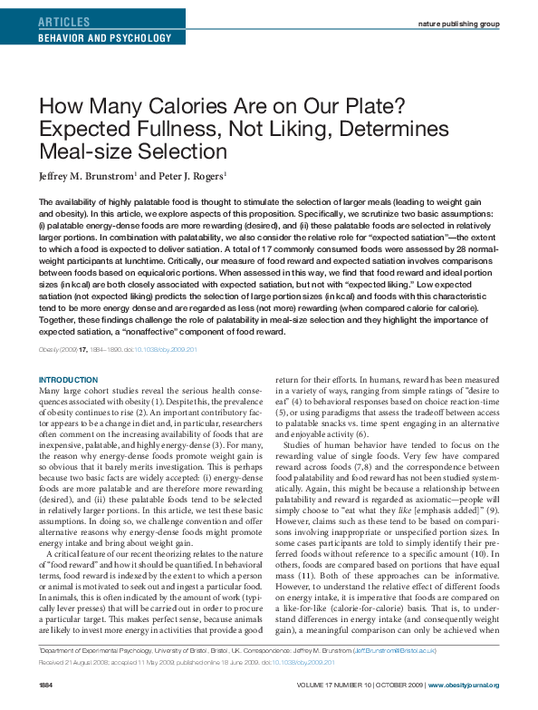 (PDF) How Many Calories Are on Our Plate? Expected Fullness, Not Liking ...