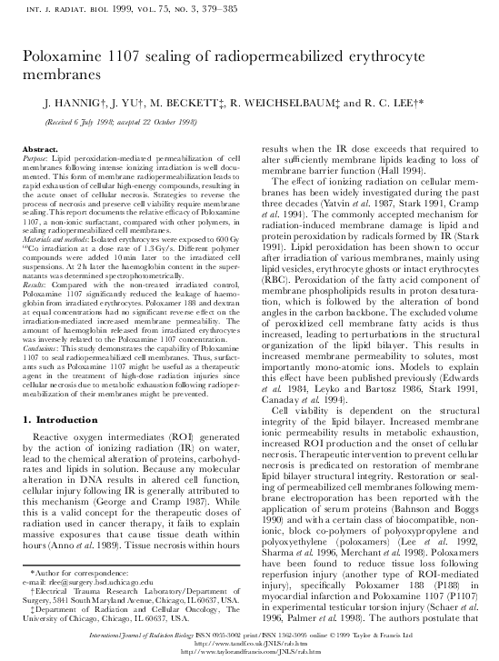 (PDF) Poloxamine 1107 sealing of radiopermeabilized erythrocyte membranes