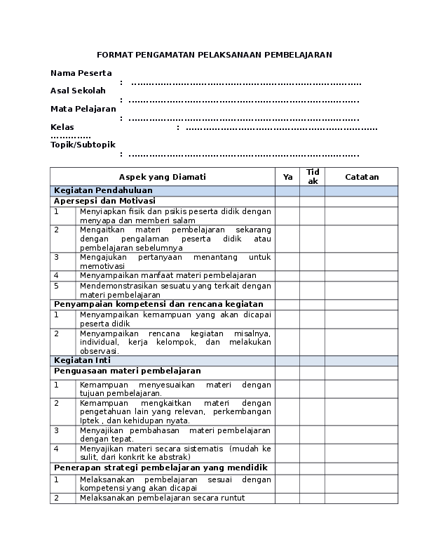 (DOC) FORMAT PENGAMATAN PELAKSANAAN PEMBELAJARAN