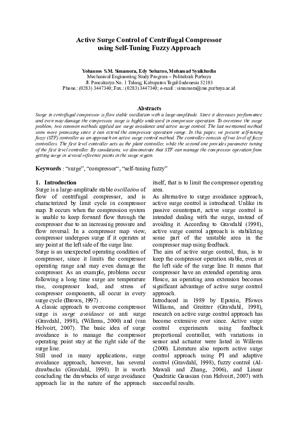 Pdf Active Surge Control Of Centrifugal Compressor Using Self Tuning Fuzzy Approach