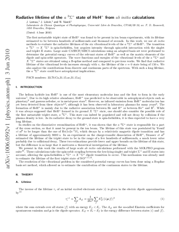 Pdf Radiative Lifetime Of The A 3 Sigma State Of Heh
