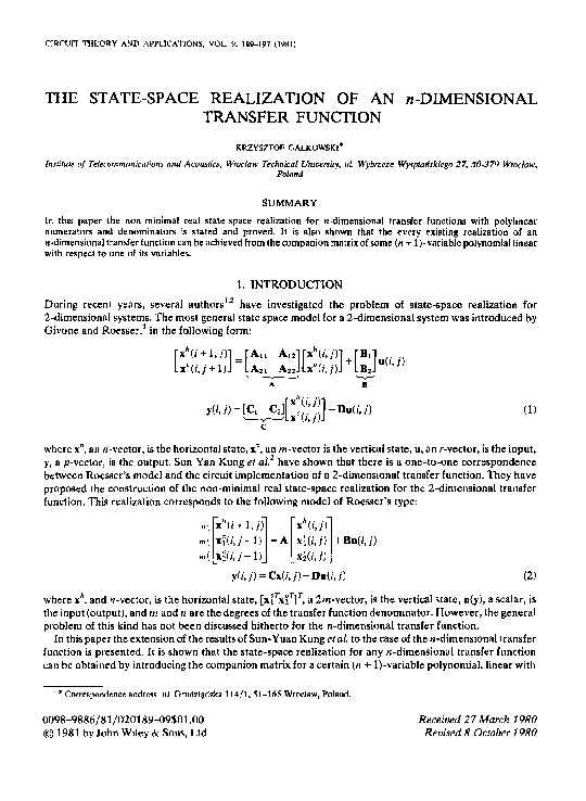 Pdf The State Space Realization Of Ann Dimensional Transfer Function Krzysztof Galkowski