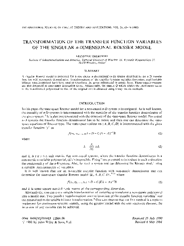 Pdf Transformation Of The Transfer Function Variables Of The Singularn Dimensional Roesser Model
